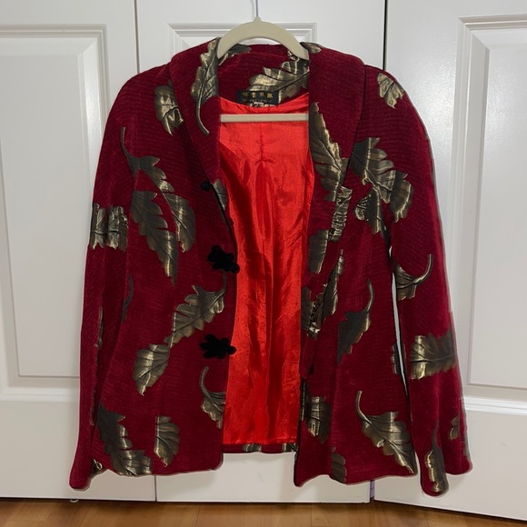 Vintage | Jackets & Coats | Vintage Red Knit Velvet Jacket With Gold ...